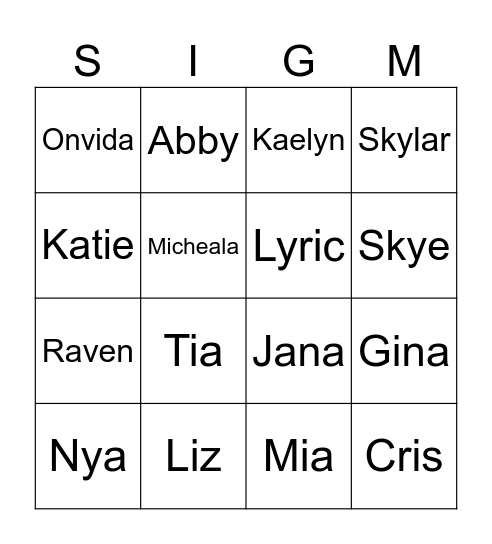 SIGMA Bingo Card