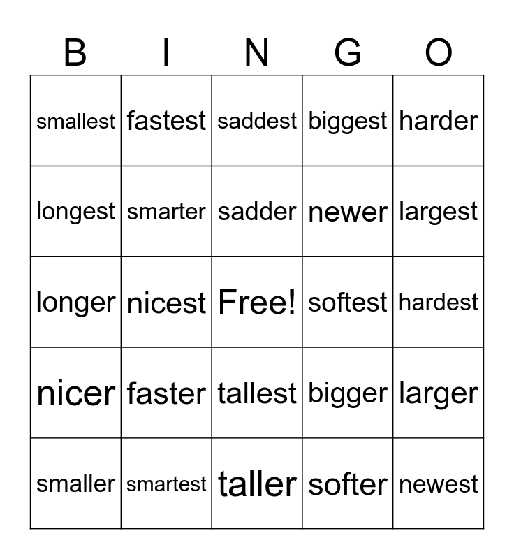 comparatives and superlatives BINGO Card