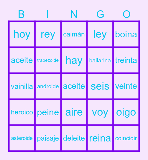 Diptongos: ai, ay, ei, ey, oi, oy Bingo Card