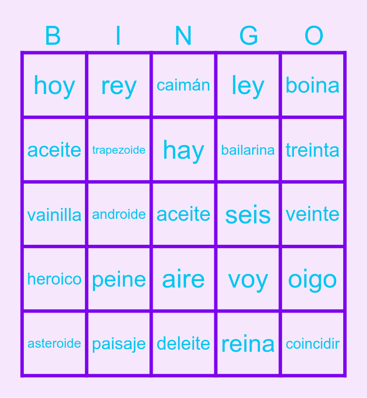 Diptongos: ai, ay, ei, ey, oi, oy Bingo Card
