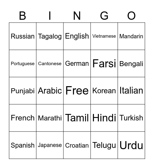Language Bingo Card