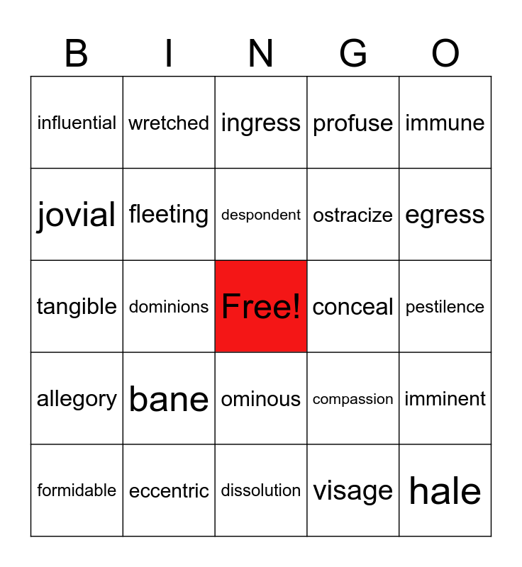"Masque" Vocab. Bingo Card