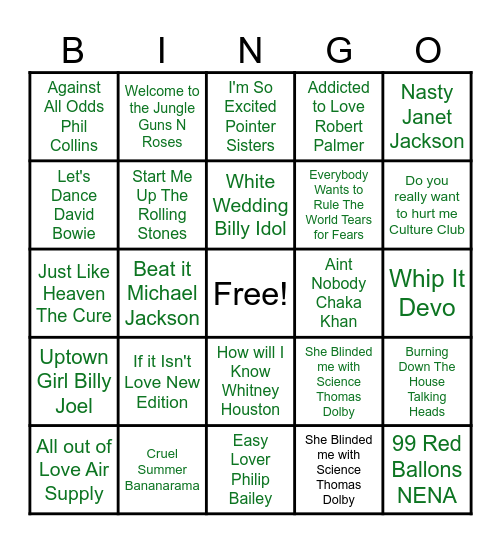 Love for 80's Bingo Card