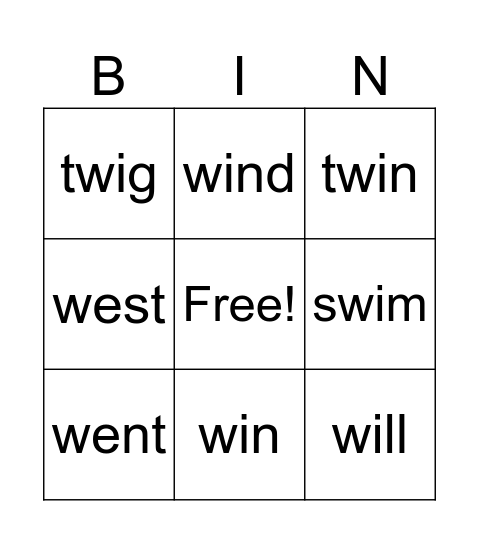 Spelling Bingo Card