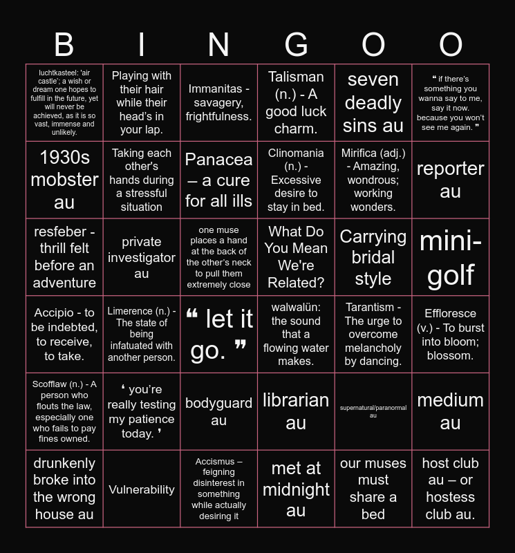 Skylar's 2024 Fic Server Bingo Card
