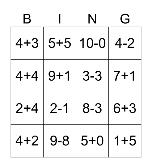 Sums and Differences within 10 Bingo Card