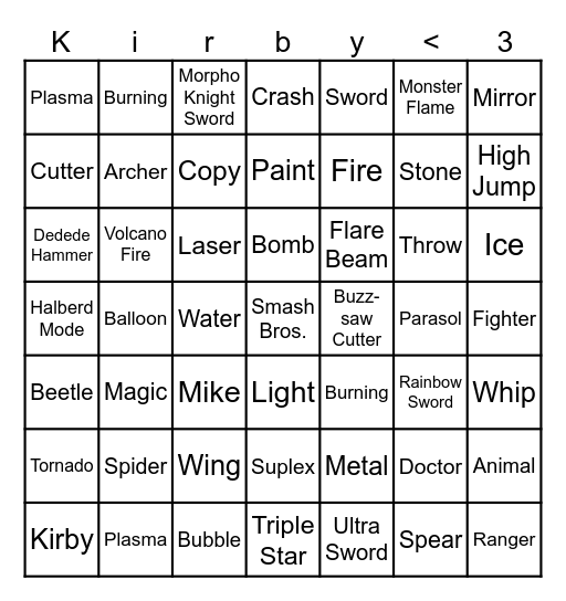Kirby Copy Abilities Bingo Card