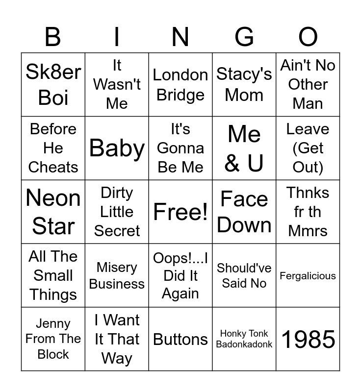 Millennial Hits Bingo Card