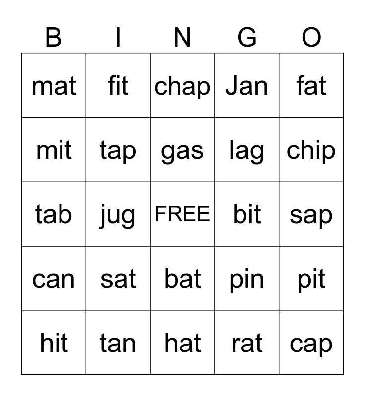CVC Words Bingo Card