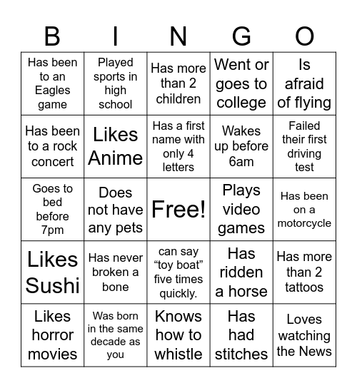 Find Someone Who Bingo Card