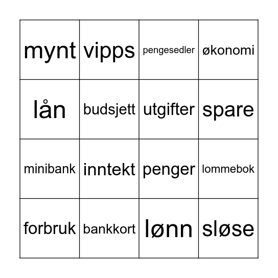 Pengene mine - begrepsbingo Card