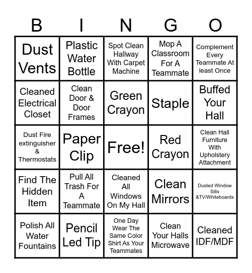 housekeeping Bingo Card