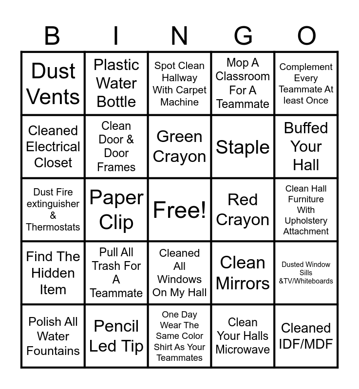 housekeeping Bingo Card