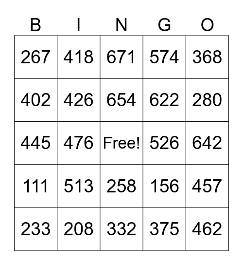 Three Digit Numbers Bingo Card