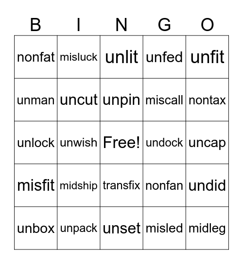 Wilson 3.1 Prefixes and Stand Alone Base Words Bingo Card