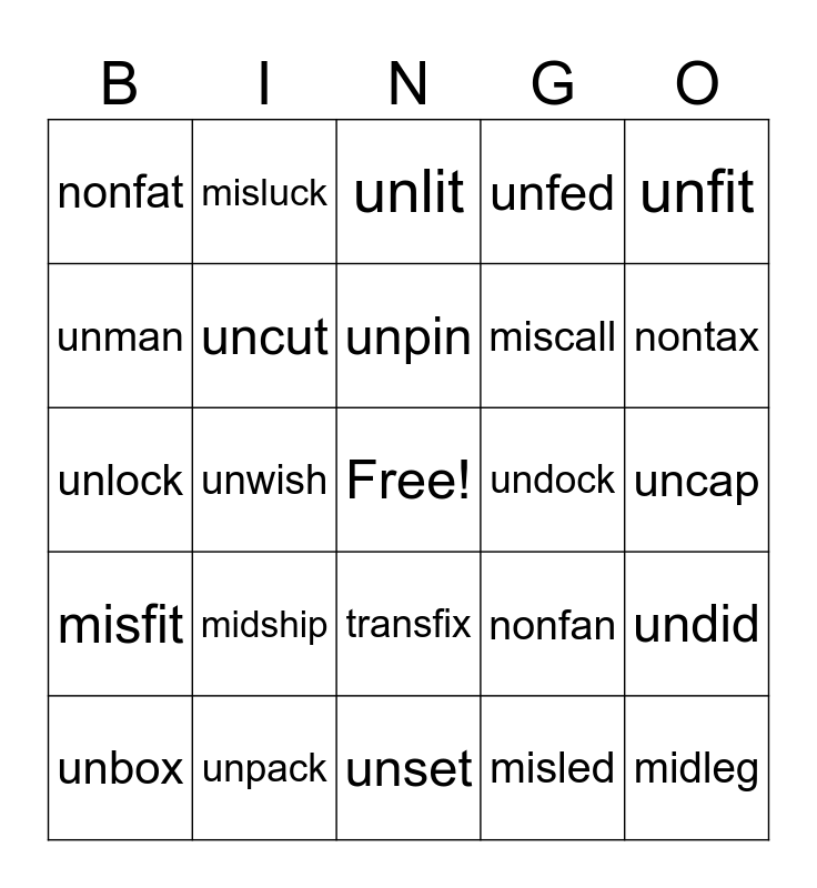 Wilson 3.1 Prefixes and Stand Alone Base Words Bingo Card