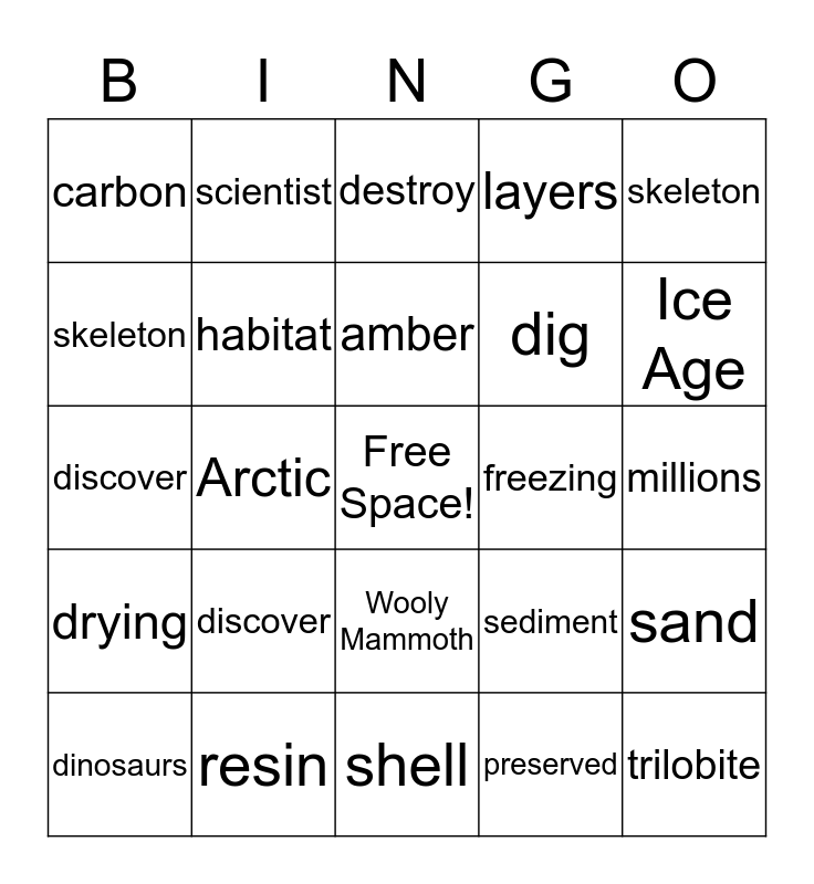 Fossil Bingo Card