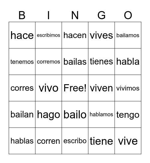Present Tense Bingo Card