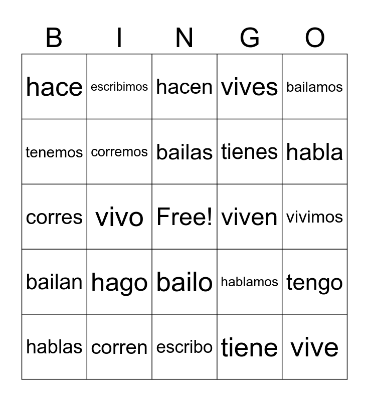 Present Tense Bingo Card