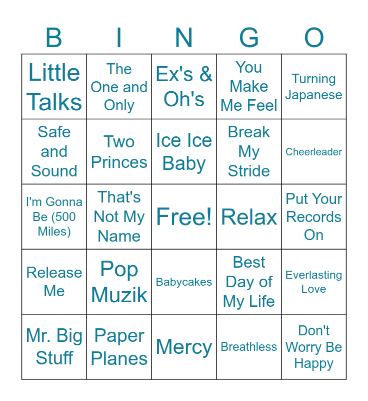 ONE HIT WONDERS Bingo Card
