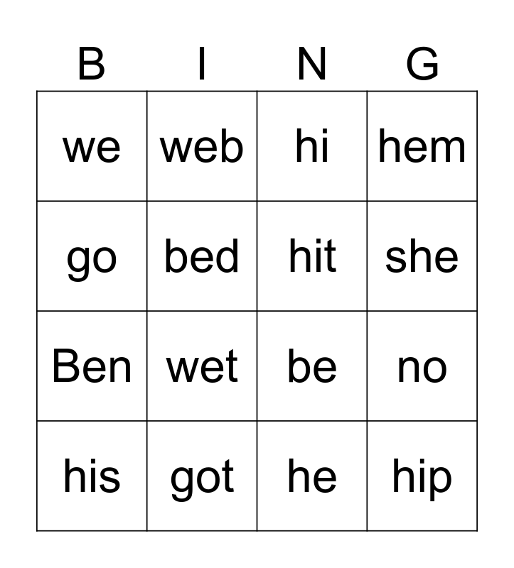 Open vs. Closed Syllable Bingo Card