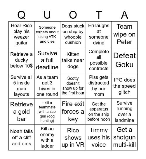 Lethal Bingo Card