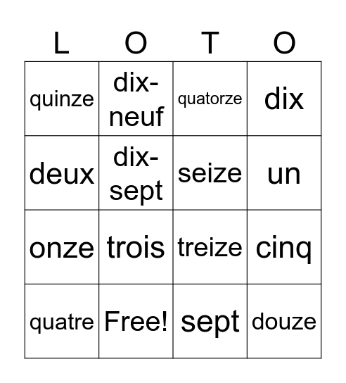 Les nombres 0 à 20 Bingo Card