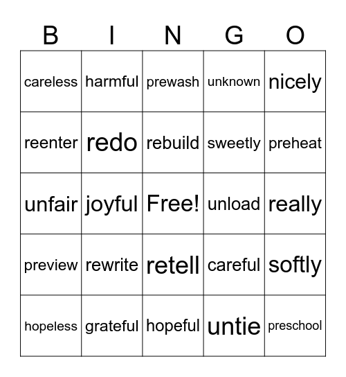 Prefixes and Suffixes Bingo Card