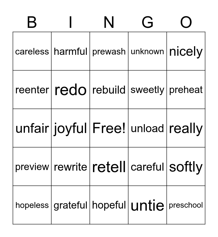 Prefixes and Suffixes Bingo Card