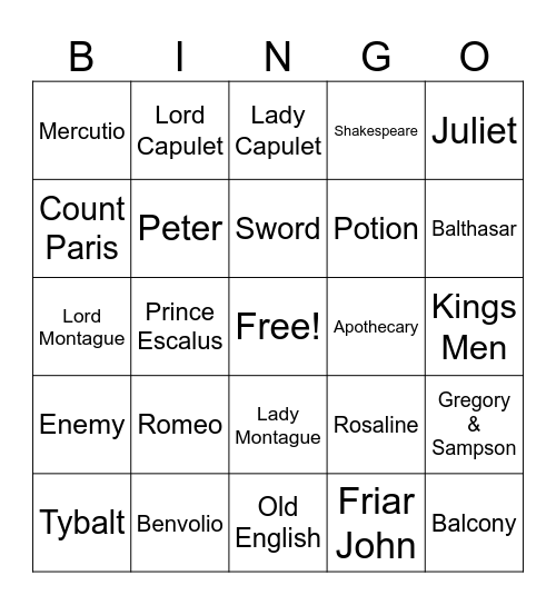 Romeo and Juliet Bingo Card