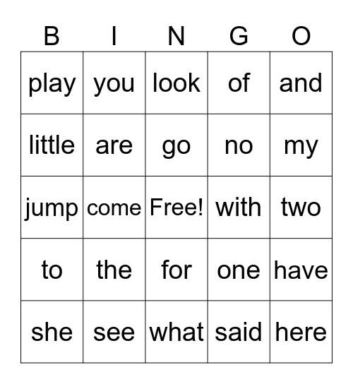 Sight Words Bingo Card