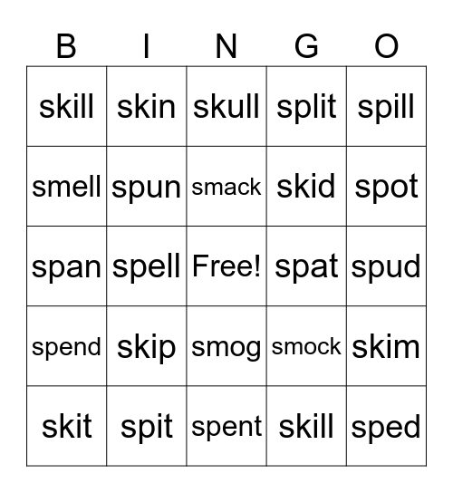 sk, sp, sm Bingo Card