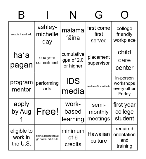 Student Employment Bingo Card