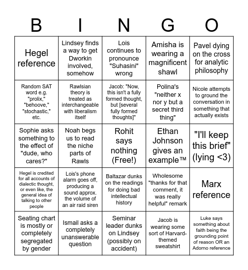 Lindsey's PolTheory Seminar Bingo Card