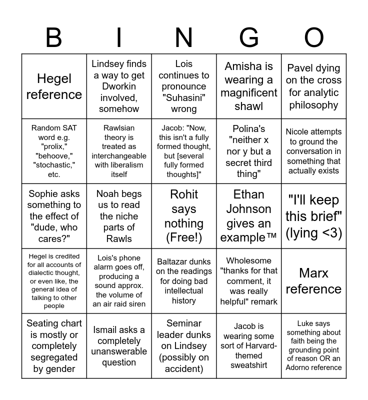 Lindsey's PolTheory Seminar Bingo Card