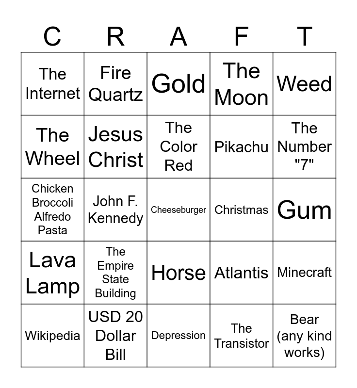 Infinite Craft Bingo Card