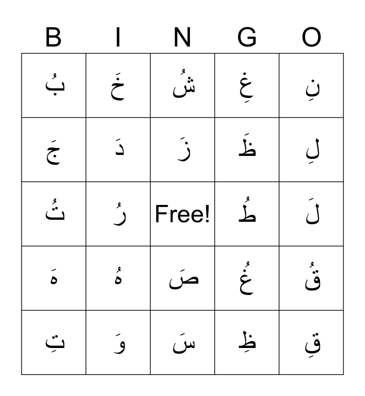 Arabic Letters with Fatha Dhamma Kasra 2 Bingo Card