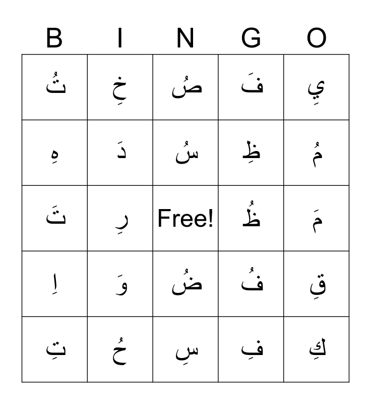 Arabic Letters with Fatha Dhamma Kasra ٦ Bingo Card
