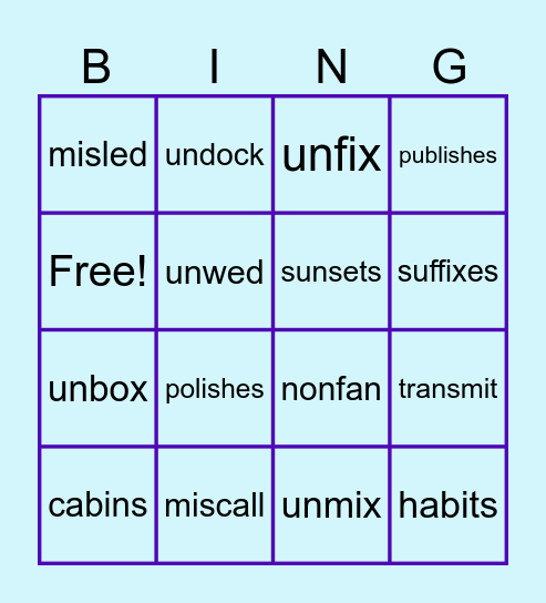 2-Syllable Words with Prefixes and Suffixes Bingo Card