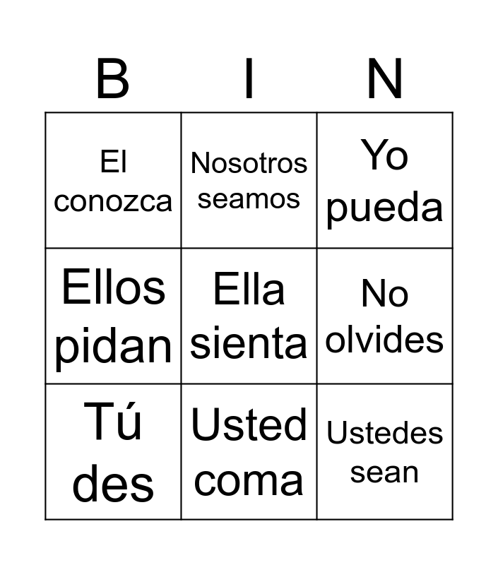Present Subjunctive Bingo Card