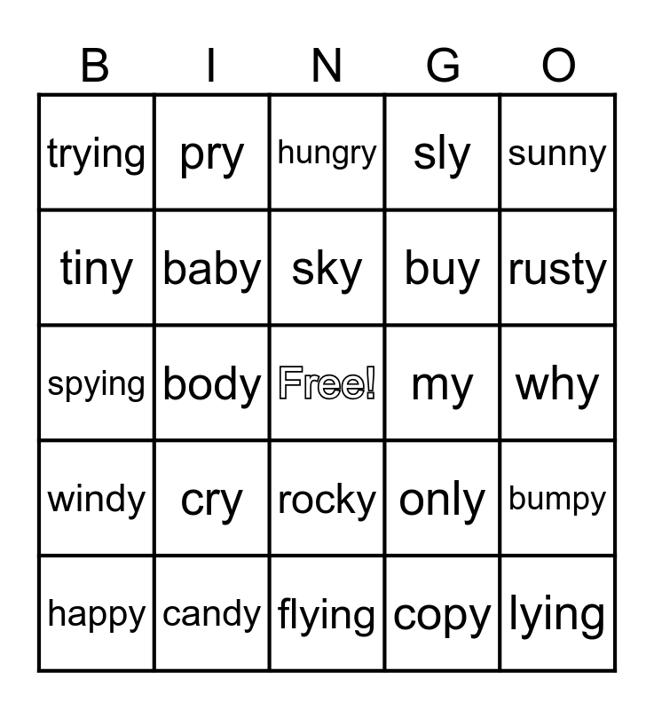 Tricky Y Bingo Card