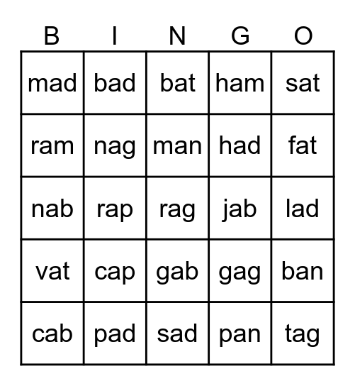 CVC WORDS Bingo Card