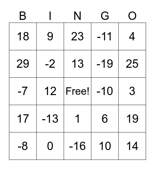 Integer Bingo Card