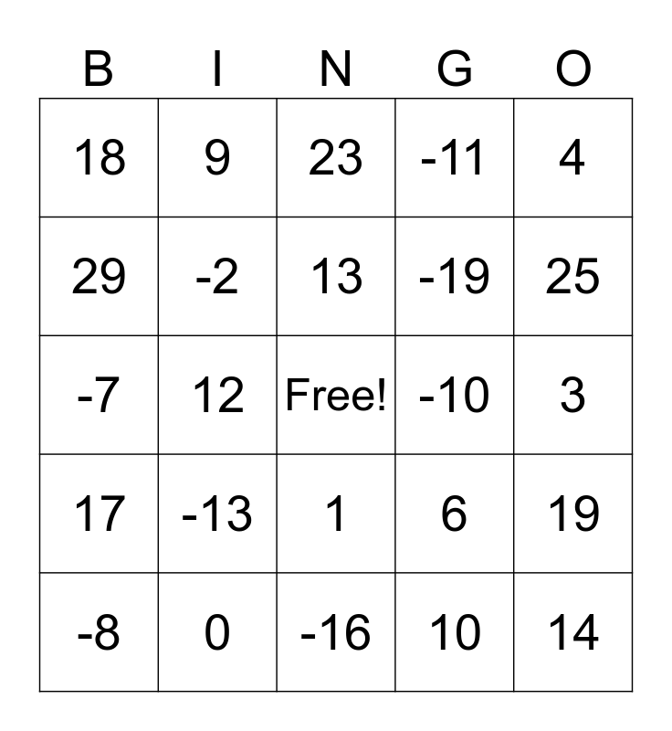 Integer Bingo Card