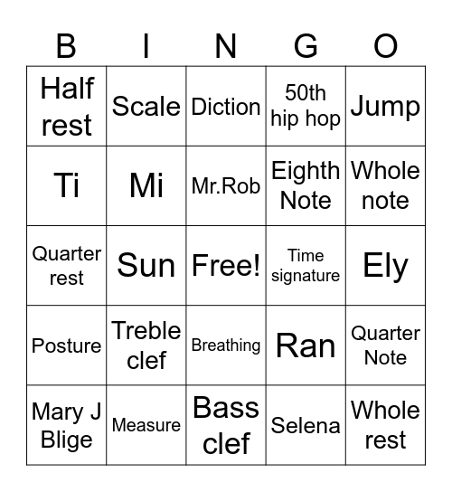 Chorus Bingo Card