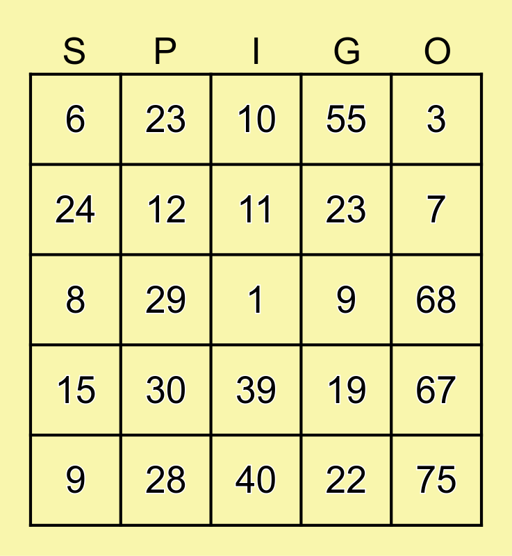 SPIGO Bingo Card