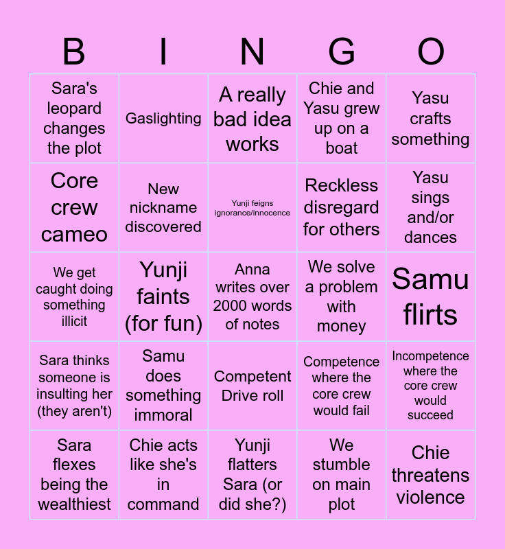 Alt Session Bingo Card