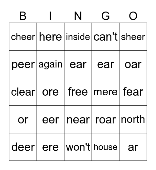 Unit 4 Week 4 eer, ear, ere Bingo Card
