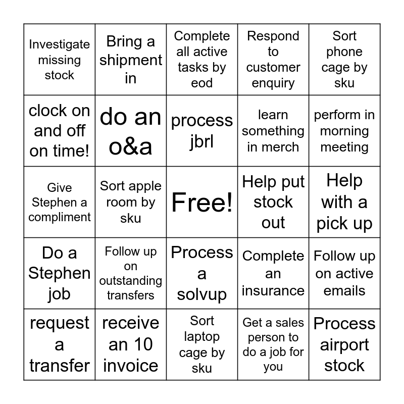 Operations Team! Bingo Card