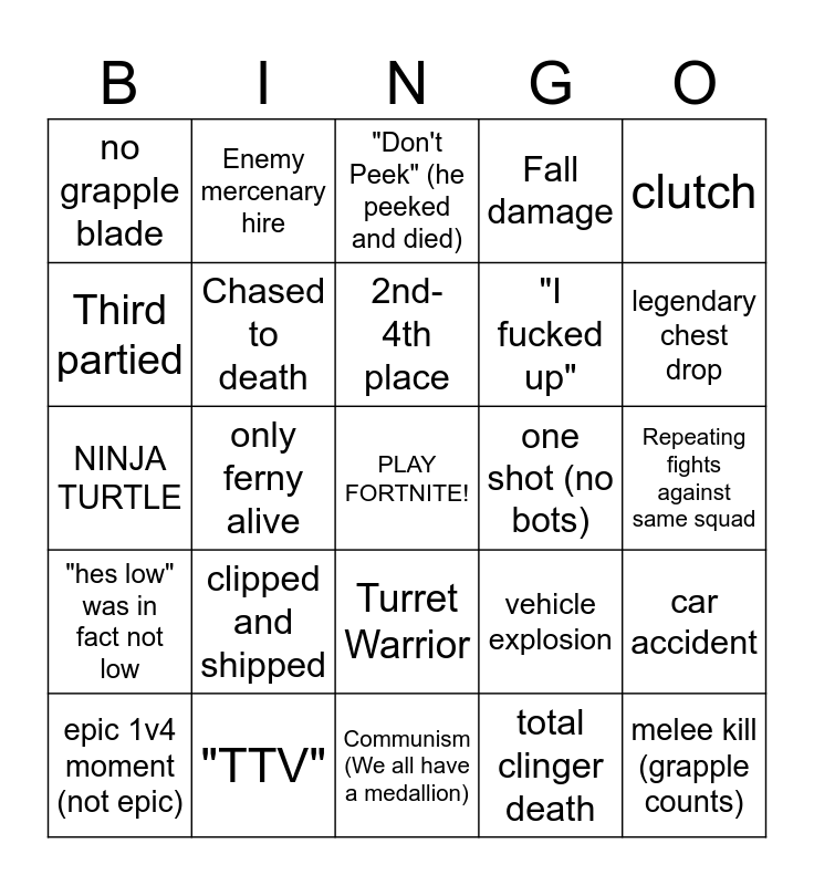 Fortnite Ultimate Bingo V2 Bingo Card